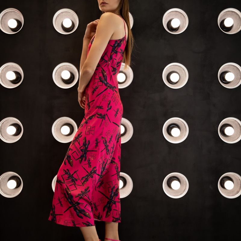 Pink Dragonfly Print Satin Bias Cut Slip Maxi Dress | Janara Jones ...