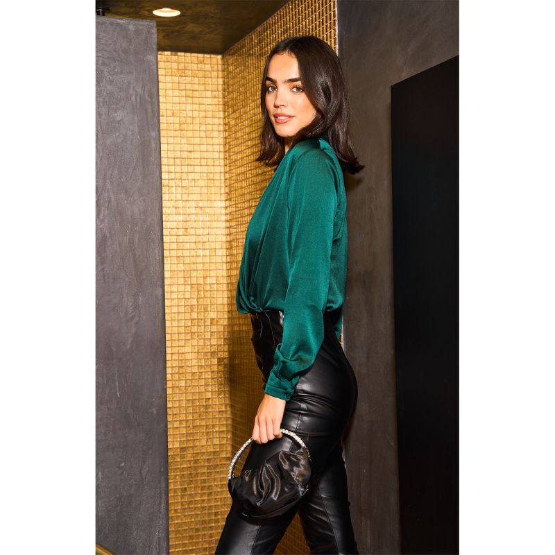 Satin Wrap Front Bodysuit Green | Urban Touch | Wolf & Badger