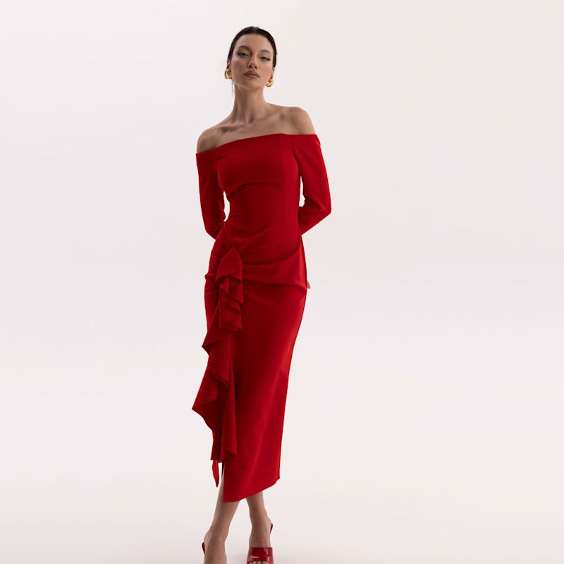 Scarlet Elegance Off-Shoulder Ruffle Dress | MOOS STUDIO | Wolf & Badger