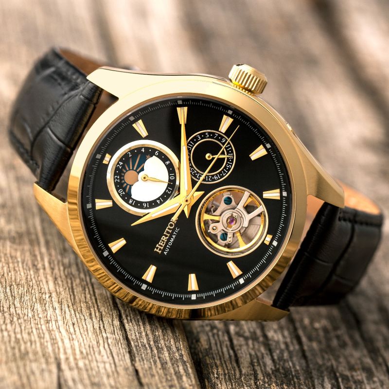 Sebastian Semi-Skeleton Leather-Band Watch with Date and Moon Phase ...