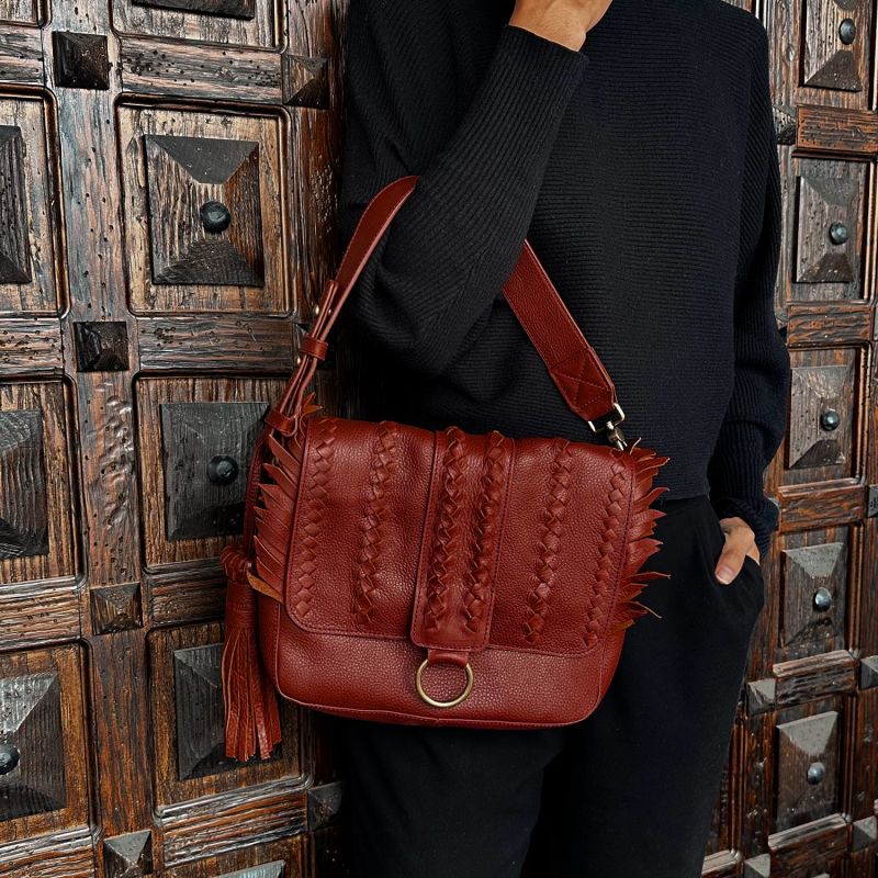 Seneca Bordeaux Cognac Full-Grain Leather Handbag With Braided Details ...