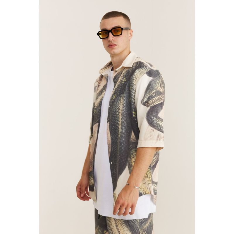 Short Sleeve Shirt In Beige With Snake Design - Recycled Fabric ...