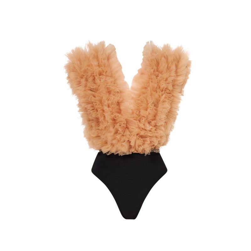 Signature Beige Ruffled Tulle Bodysuit | LIA ARAM | Wolf & Badger