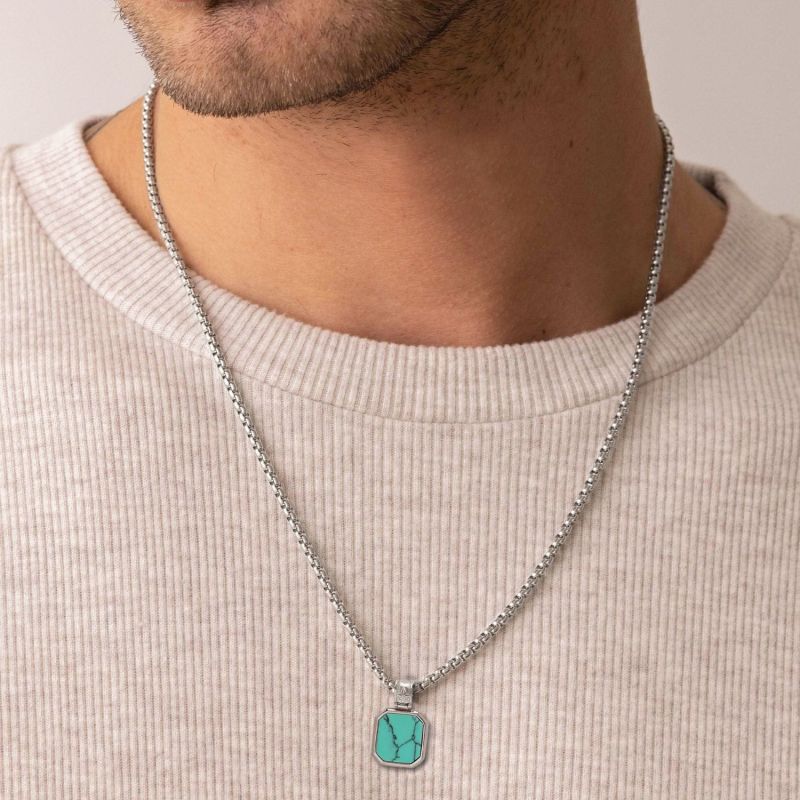 Silver Necklace With Square Turquoise Pendant | Nialaya | Wolf & Badger