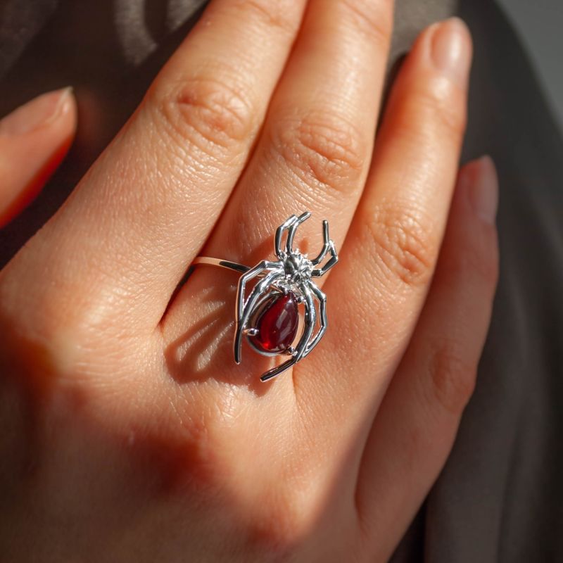 Silver Spider & Garnet Stacking Ring | MARIE JUNE Jewelry | Wolf & Badger