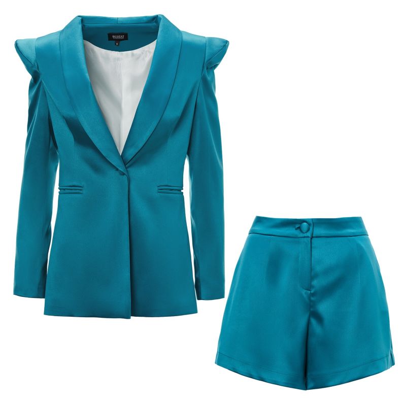 Taffeta Turquoise Suit With Sharped Shoulders Blazer | BLUZAT | Wolf ...