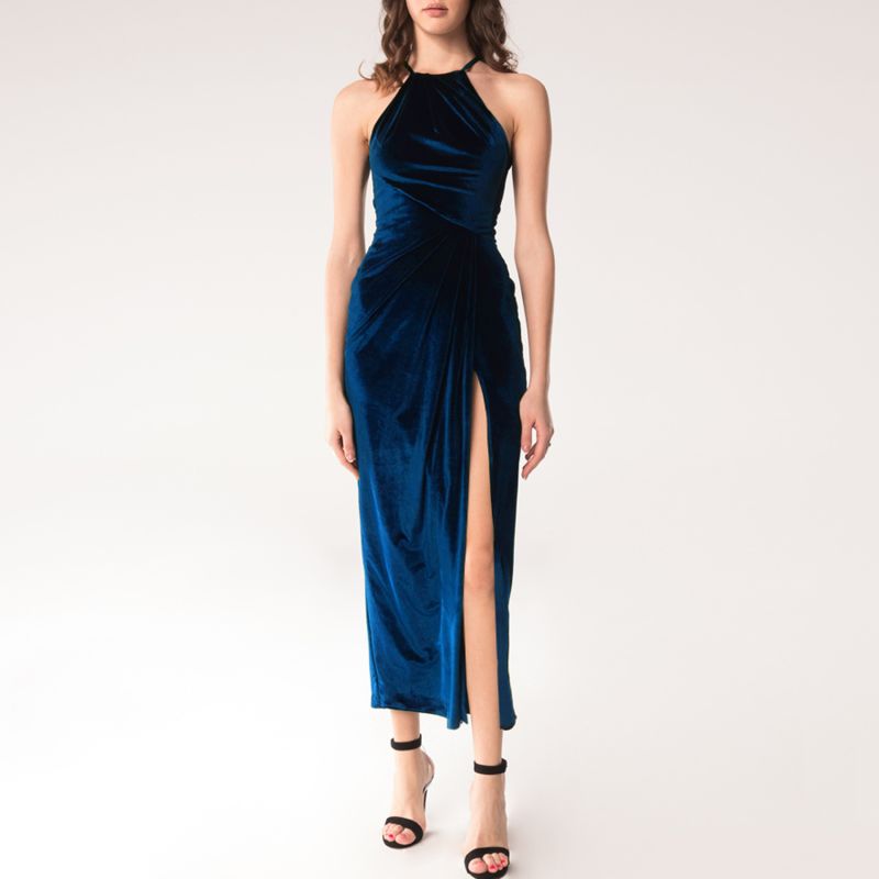 Velvet Royal Navy Blue Draped Dress Sofia | Angelika Jozefczyk | Wolf & Badger
