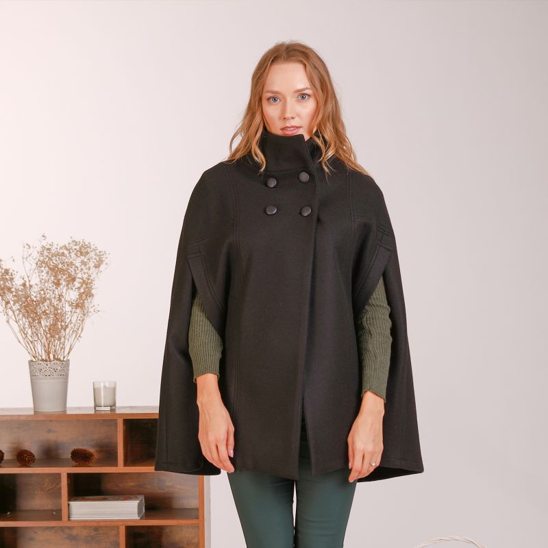 Wool Cape Coat with Front Buttons and High Neck in Black | Nikka Place ...