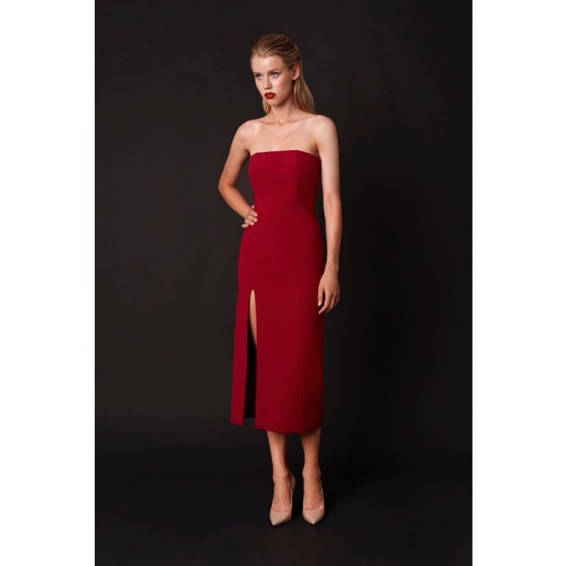 Mora Red Wine Strapless Front Slit Corset Midi Dress | Nomi Fame | Wolf ...
