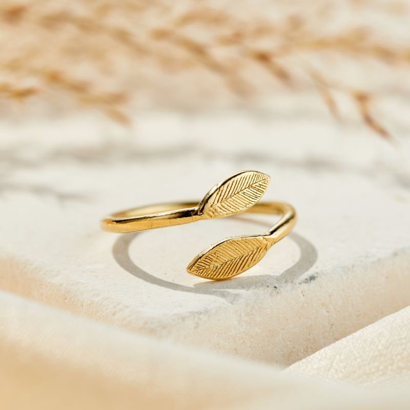 Yellow Gold Plated Leaf Open Ring | Posh Totty Designs | Wolf & Badger
