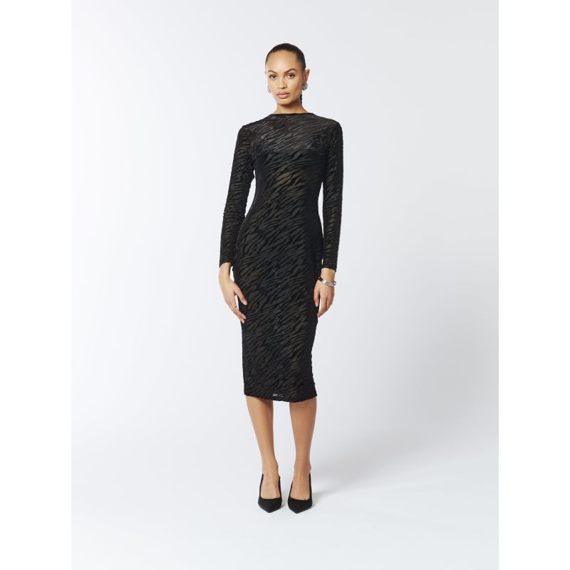 Zebra Pattern Velvet & Mesh Midi Dress In Black | SOUR FIGS | Wolf & Badger