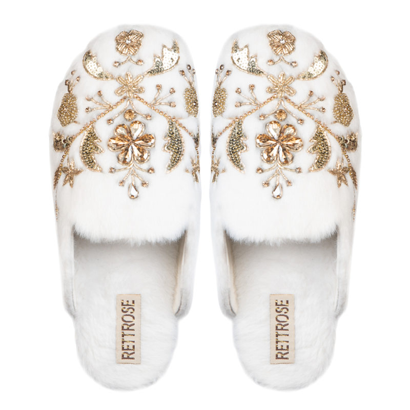 Annie Cream Luxury Plush Diamanté Embellished Handmade Slipper ...