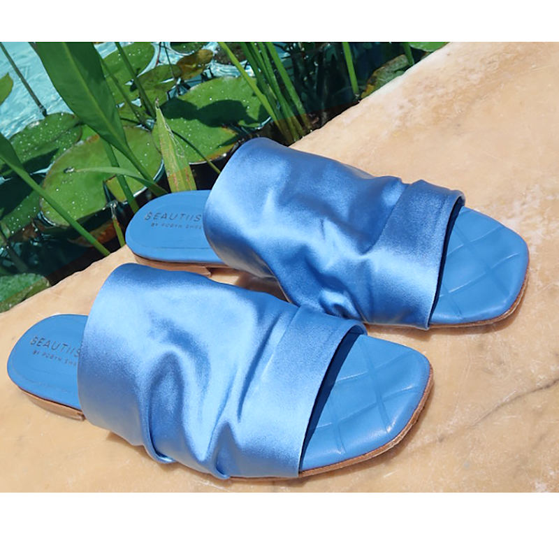 April Blue Flat Sandal Mule Comfortable In Elegant Stretch Satin For ...