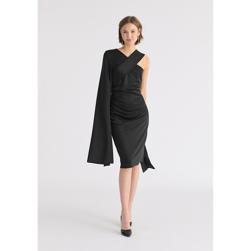 Asymmetric Draped Cape Sleeve Dress In Black | PAISIE | Wolf & Badger