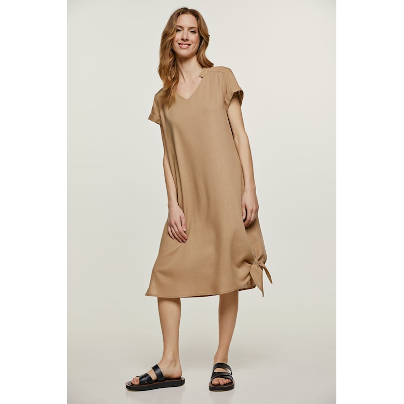 Beige Midi Dress With Tie Detail | Conquista | Wolf & Badger
