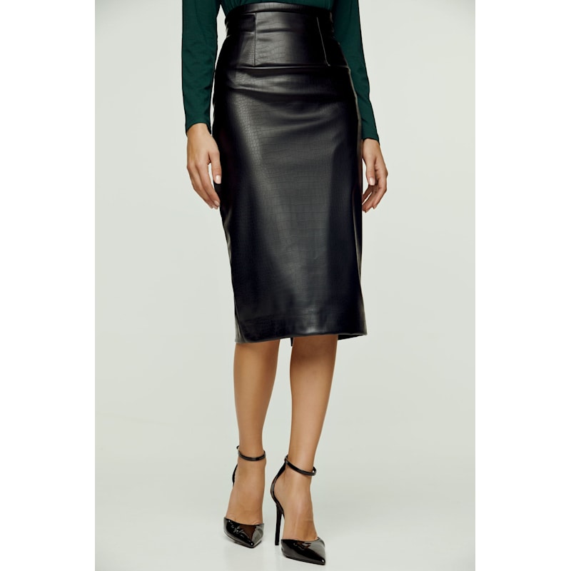 Black Faux Croc Leather High Waist Pencil Skirt | Conquista | Wolf & Badger
