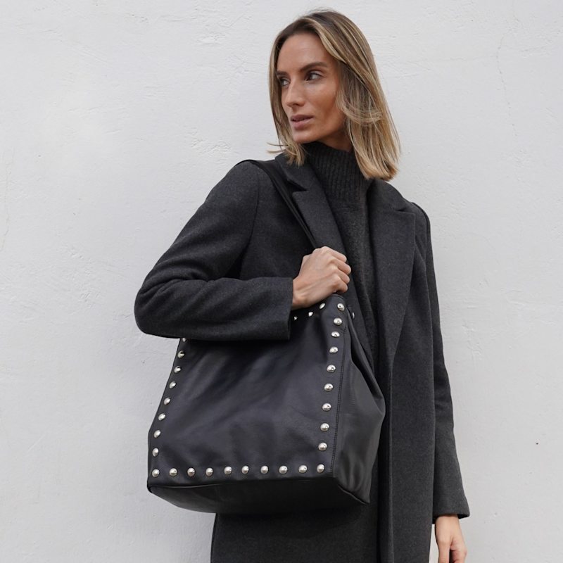 Black Leather Studded Tote Bag | JUAN-JO | Wolf & Badger