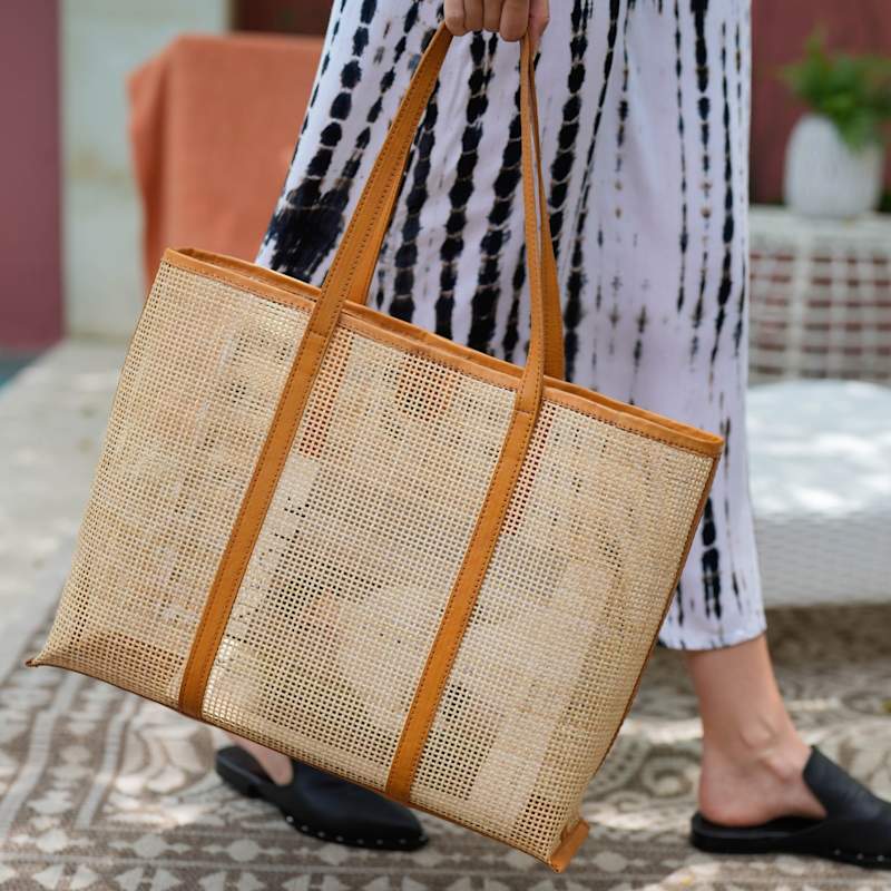 Brianna Large Woven Rattan And Leather Tote Large Size In Tan | Pink ...