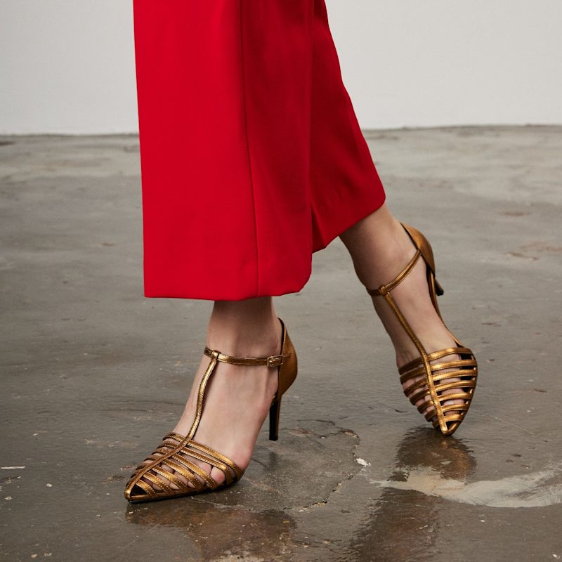 Carlotta Gold Cage Heels | Rosamund Muir London | Wolf & Badger