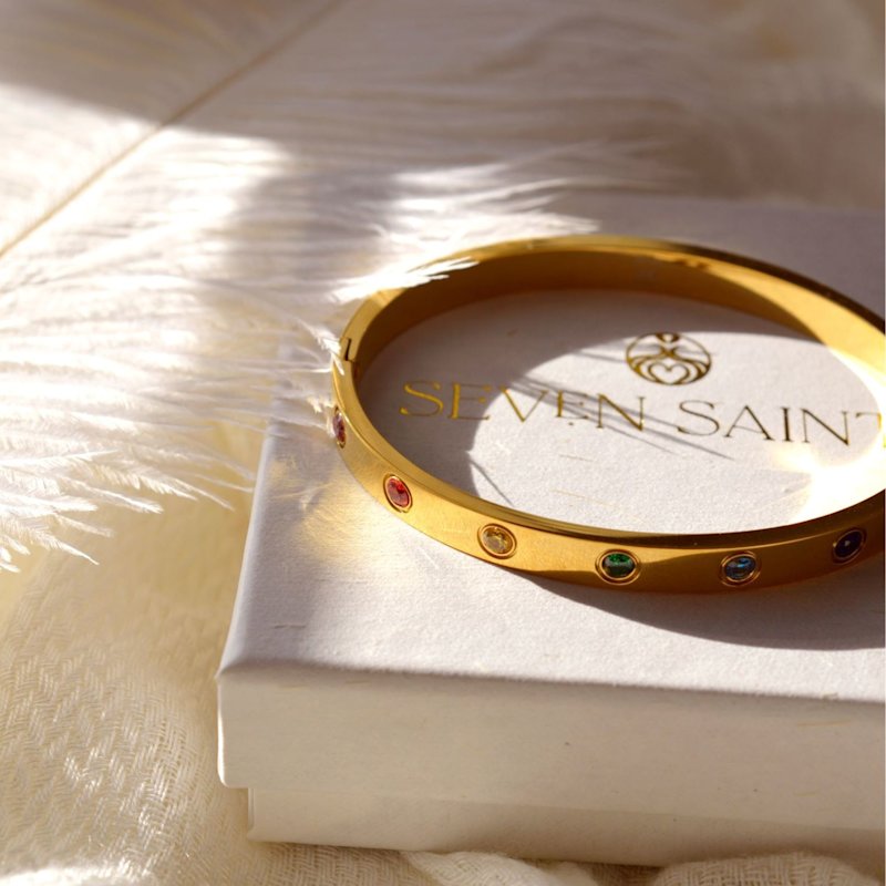 Chakra Healing Stone Bangle, Gold Over Stainless Steel | Seven Saints ...