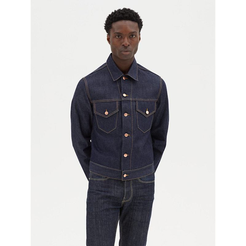 Mens Trucker Jacket In Raw Indigo Denim | Hegarty | Wolf & Badger
