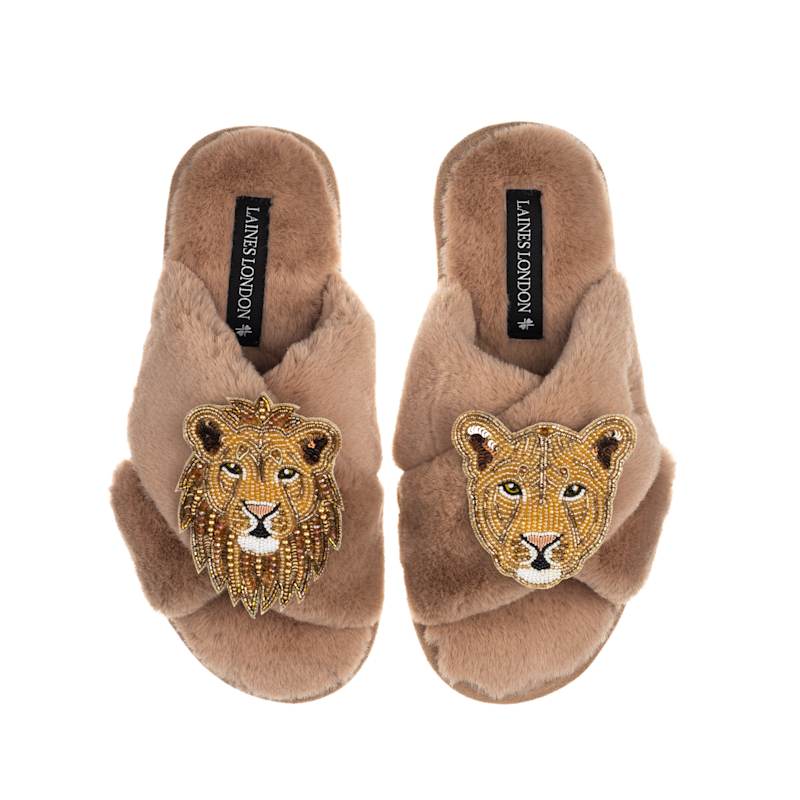 Classic Laines Slippers With Artisan Lion & Lioness Brooches - Toffee ...