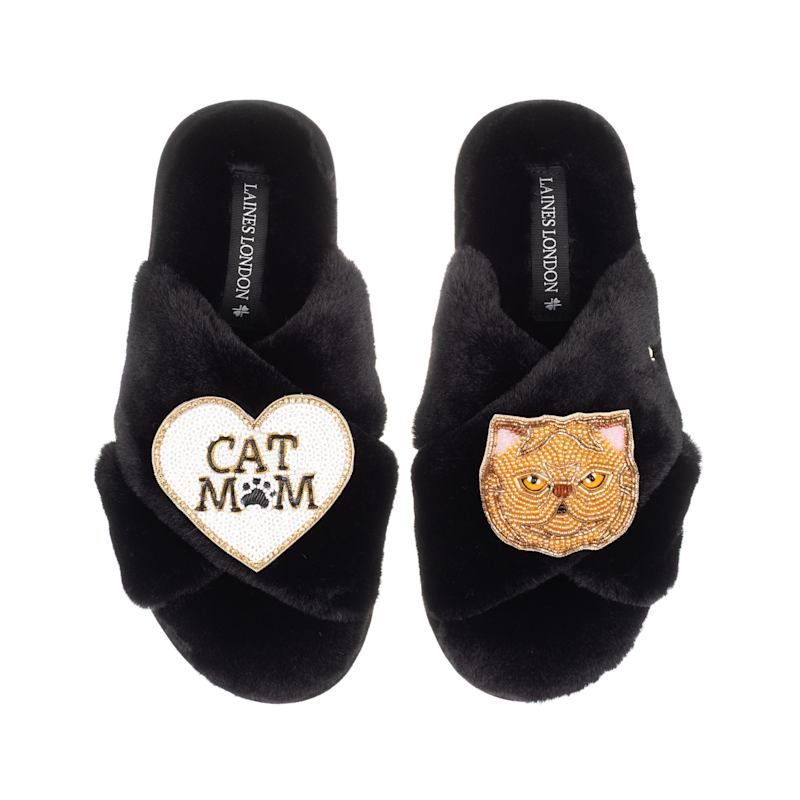 Classic Laines Slippers With Cat Mum/Mom & Ginger Persian Cat Brooches ...