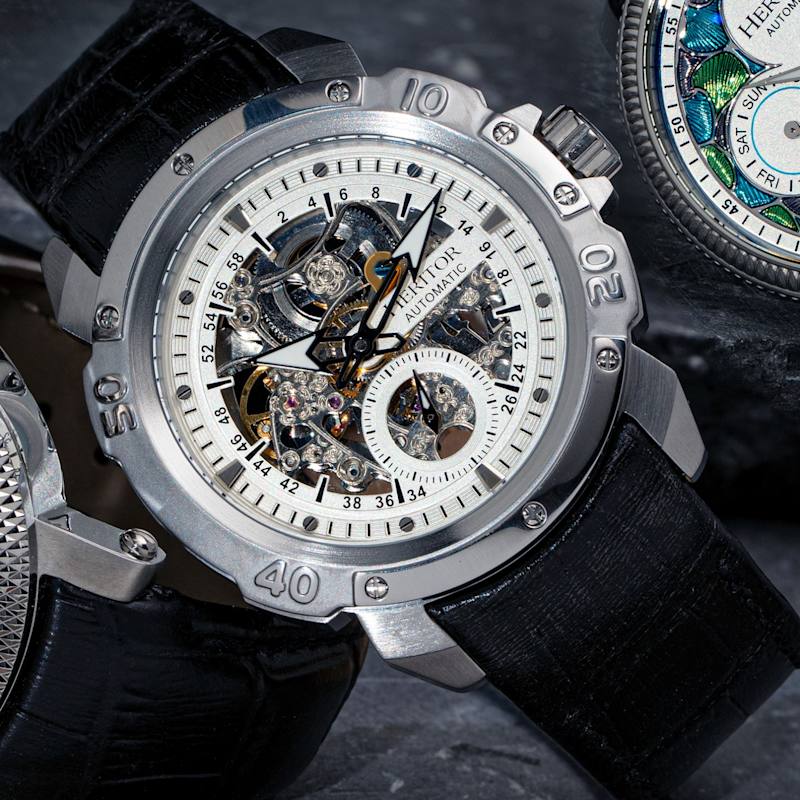 Conrad Leather-Band Skeleton Watch with Seconds Sub-Dial - Silver ...