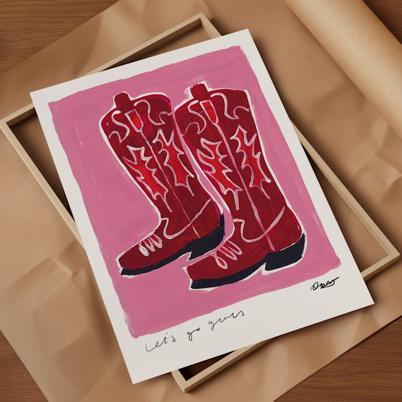 Cowboy Boots Hand Painted Art Print - A2 | Natalie Cass Art | Wolf & Badger