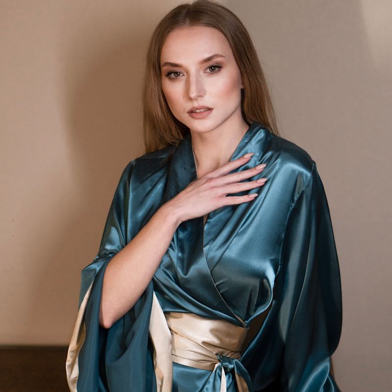 Cyan And Gold Classic Maxi Satin Kimono Robe | Kafemme | Wolf & Badger