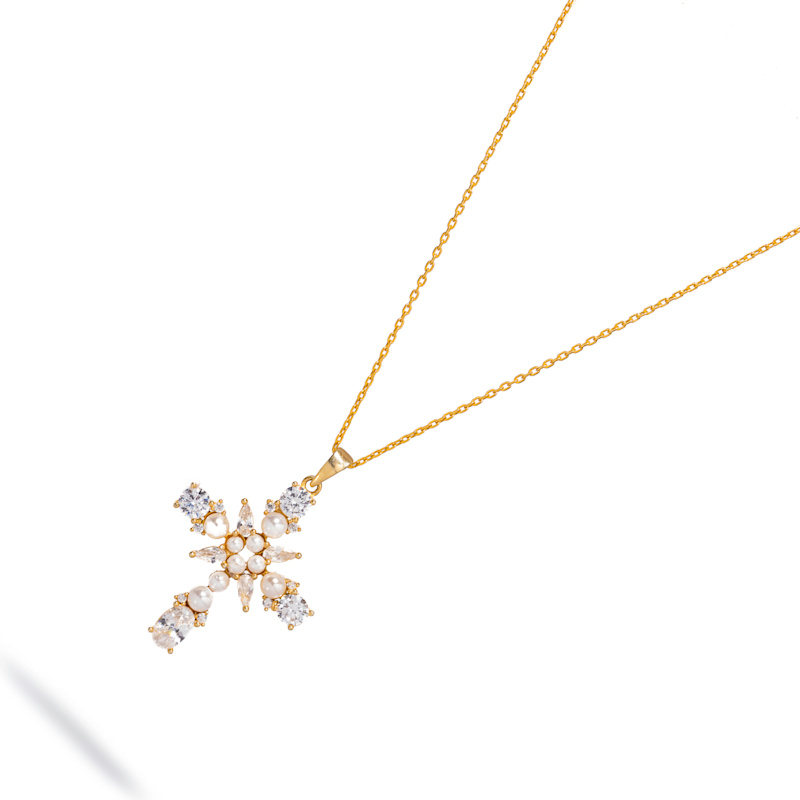 Divine Pearl & Diamond Cross Gold Chain Necklace - White | Ebru Jewelry ...