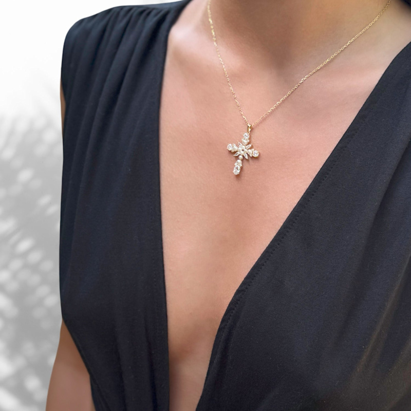 Divine Pearl & Diamond Cross Gold Chain Necklace - White | Ebru Jewelry ...