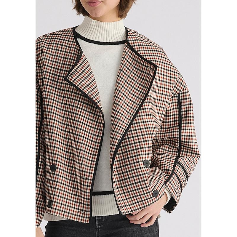 Double Breasted Check Jacket With Matching Scarf In Red, White & Black ...