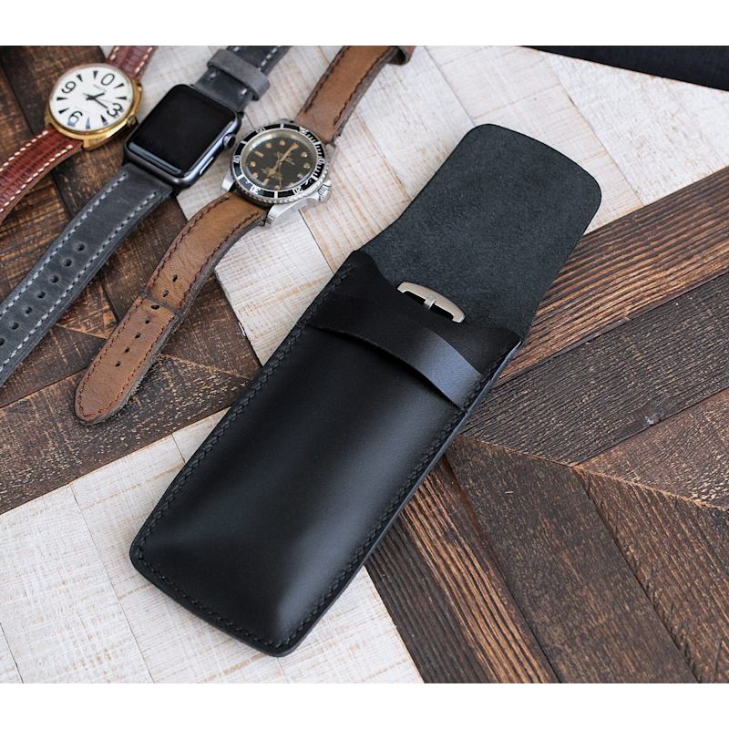 Handmade Flap Covered Leather Watch Case - Black | Roarcraft | Wolf ...