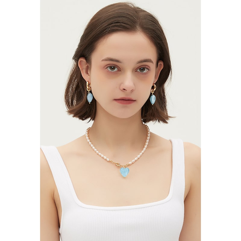 EsméE Aquamarine Glaze Heart Pendant Pearl Necklace | Classicharms | Wolf & Badger