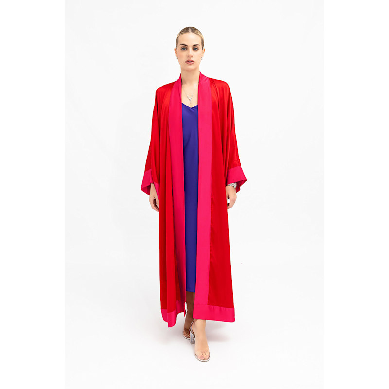 Fuchsia Cuffs Red Satin Long Abaya Kaftan | Janara Jones | Wolf & Badger