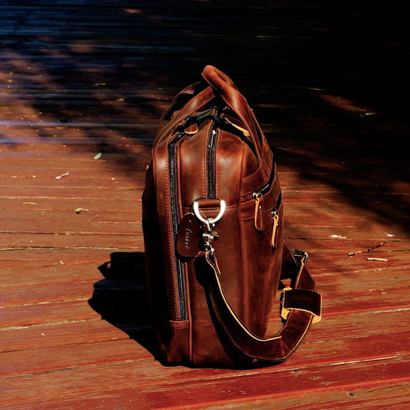 Genuine Leather Briefcase With Zip Pockets - Dark Brown | Touri | Wolf ...