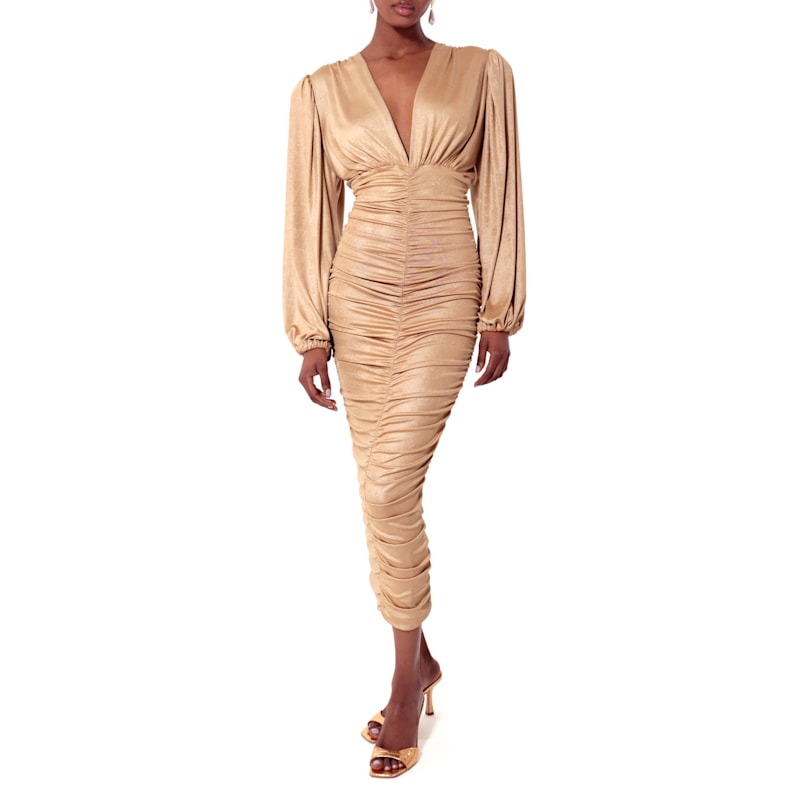 Gloria Gold Long Sleeve Draped Dress | AGGI by HALEWSKI | Wolf & Badger
