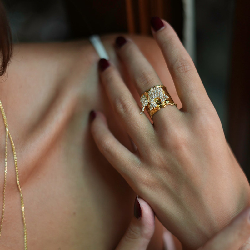 Guardian Diamond Elephant Gold Chunky Adjustable Ring - Gold | Ebru Jewelry | Wolf & Badger