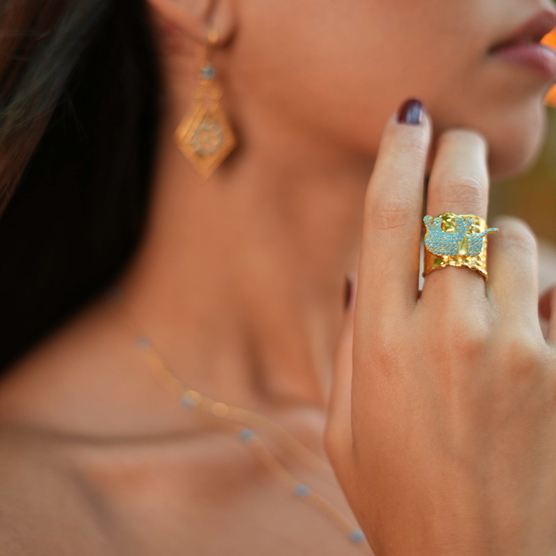 Guardian Turquoise Elephant Gold Chunky Adjustable Ring - Turquoise | Ebru Jewelry | Wolf & Badger
