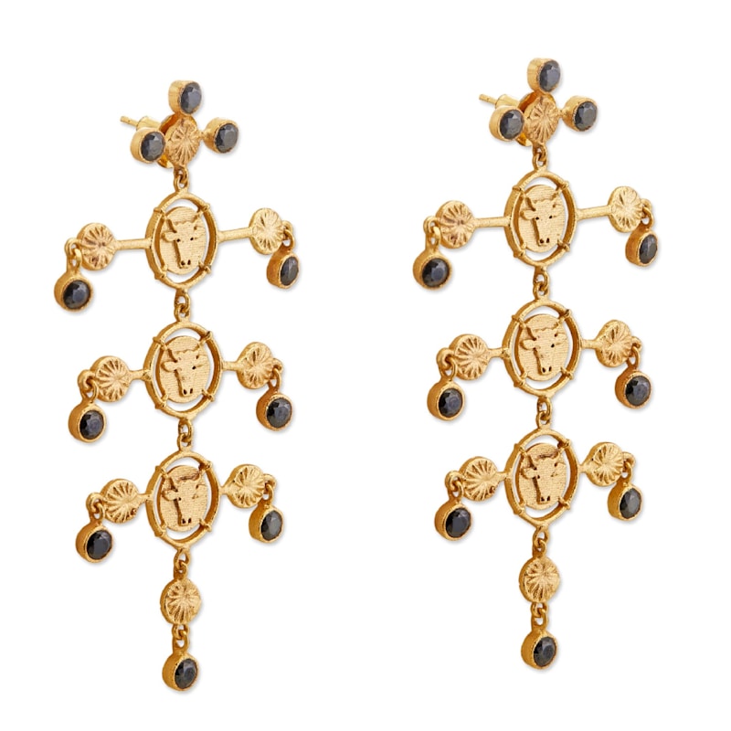 Gold Inka Chandelier Earrings With Black Onyx Glass Gems | Dhwani ...