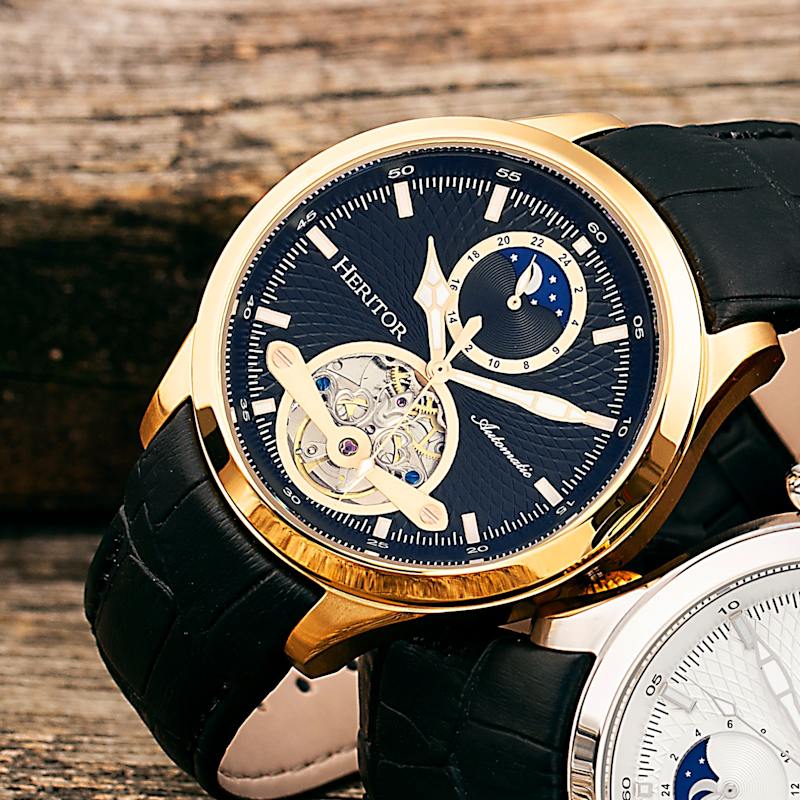 Gregory Semi-Skeleton Leather-Band Watch with Moon Phase - Black, Gold ...