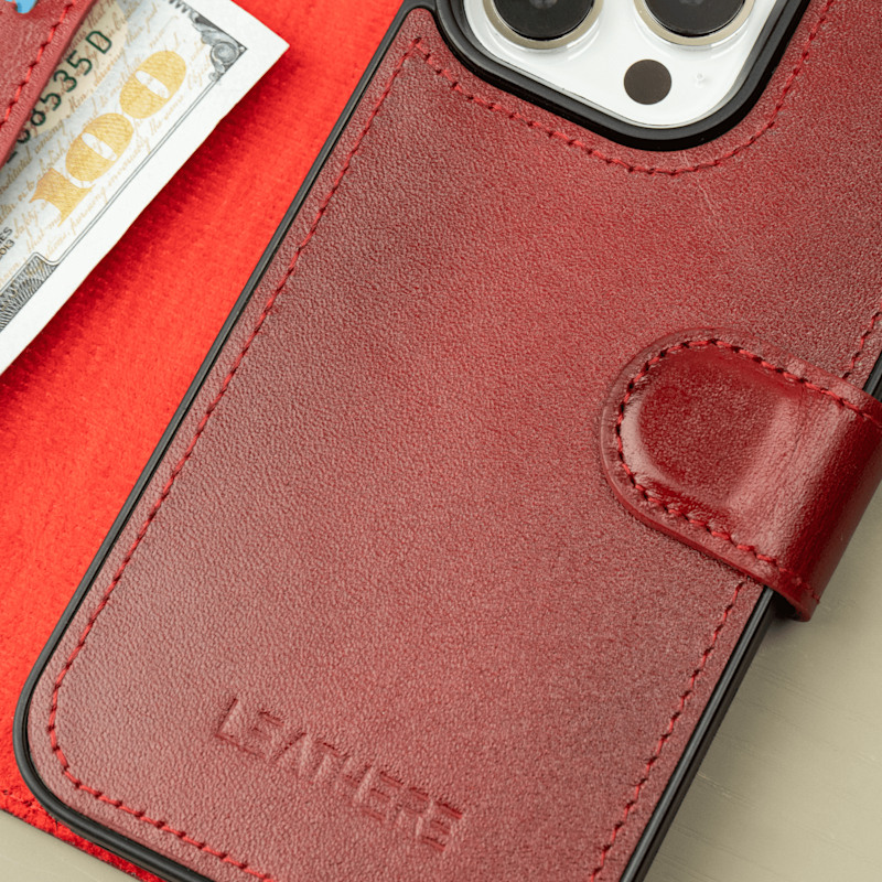 Iphone Series Red Leather Wallet Case - New York | LEATHERE | Wolf & Badger