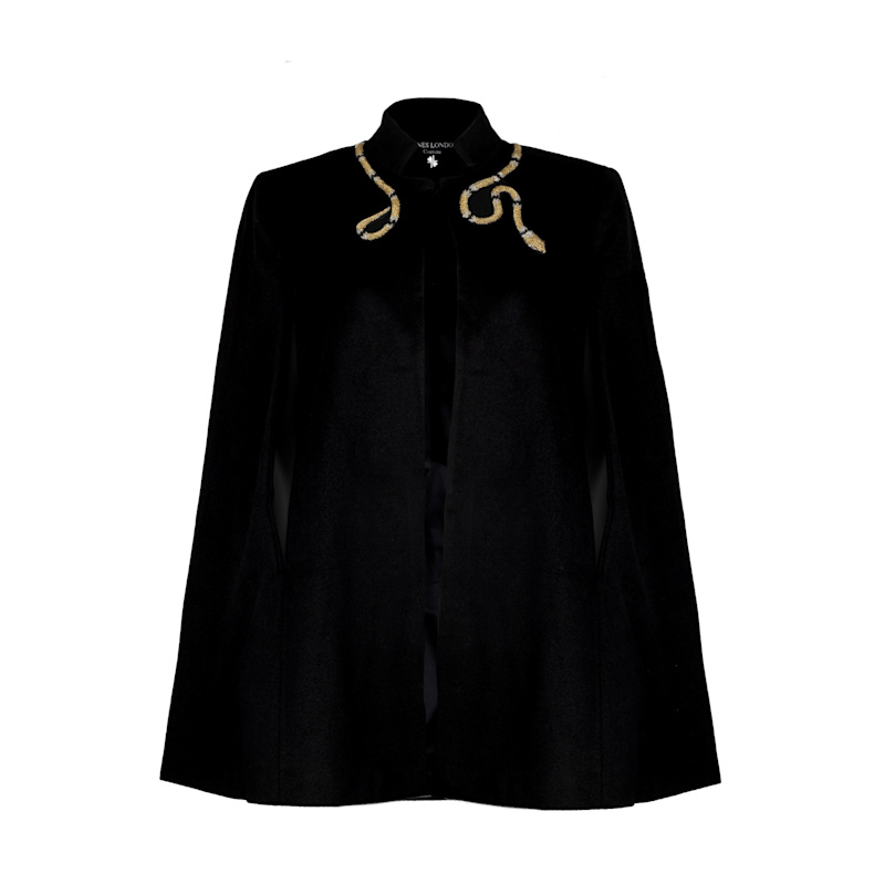 Laines Couture Wool Blend Cape With Embellished Wrap Around Gold Snake ...