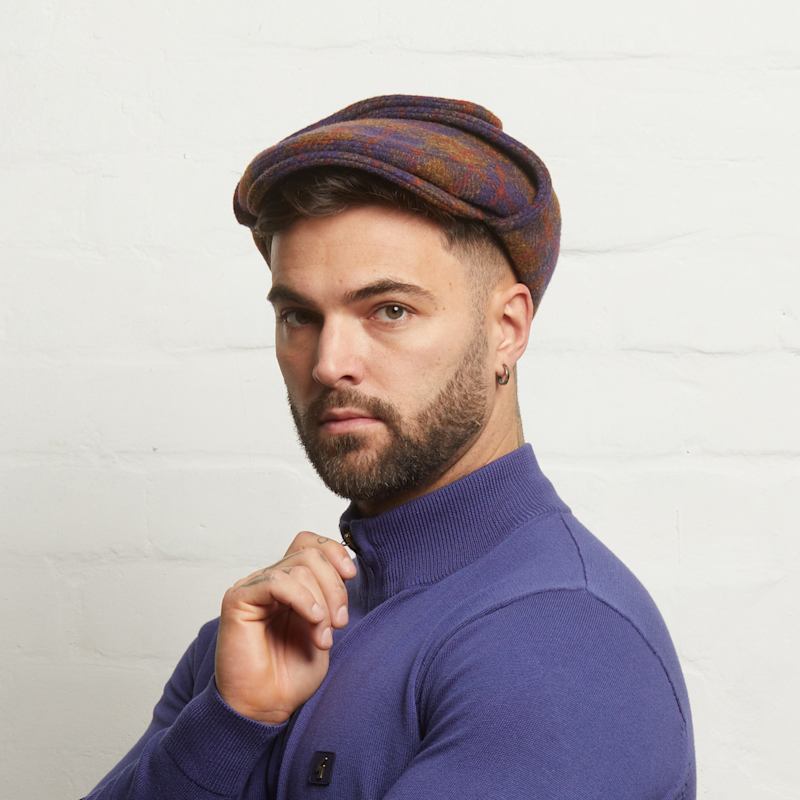 Logan Grape Tweed Wool Checks Italian Cap With Earflaps Trapper ...