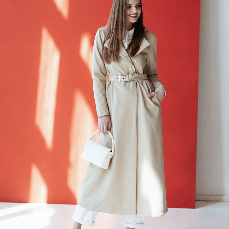 Long Coat With Trapeze Cut In Beige: Classic Trench | RainSisters ...