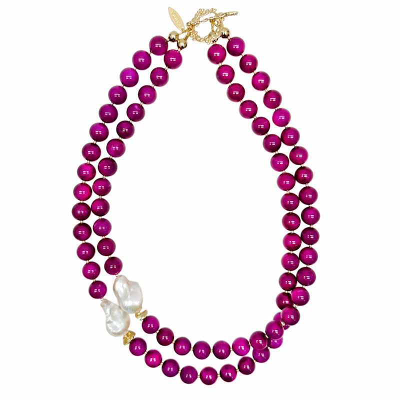Magenta Gemstones With Baroque Pearls Double Layers Necklace | Farra ...