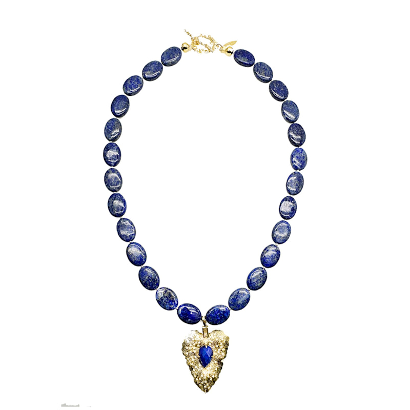Oval Lapis With Heart Charm Short Necklace | Farra | Wolf & Badger