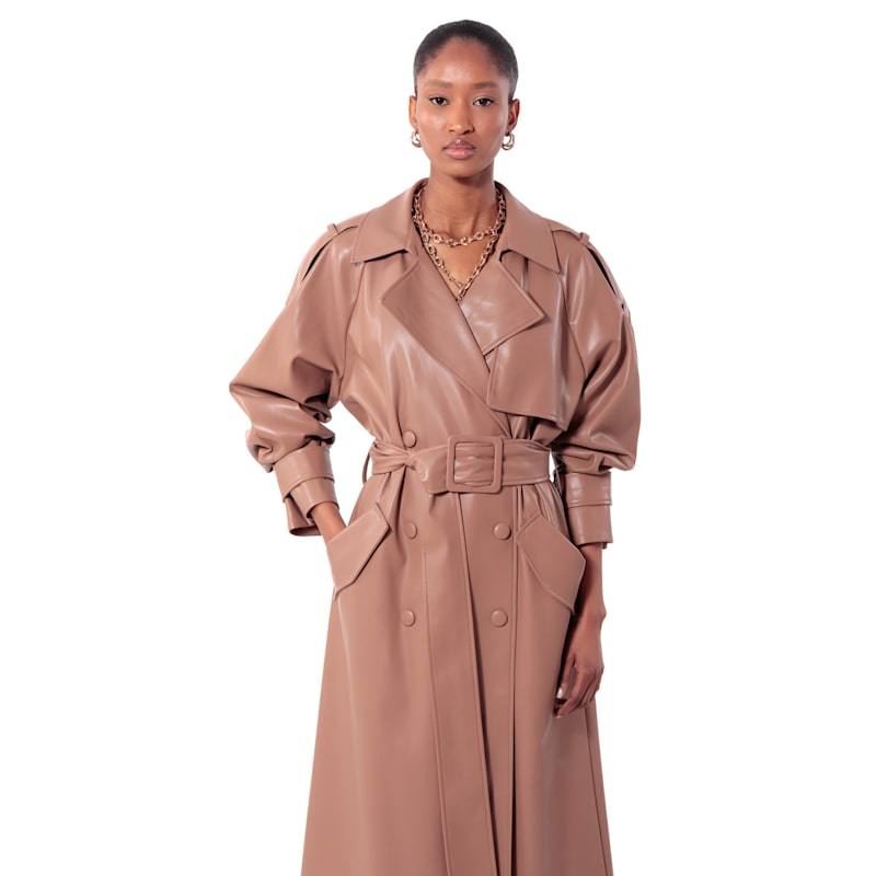 Paulin Milk Chocolate Vegan Leather Trench Coat | AGGI by HALEWSKI ...