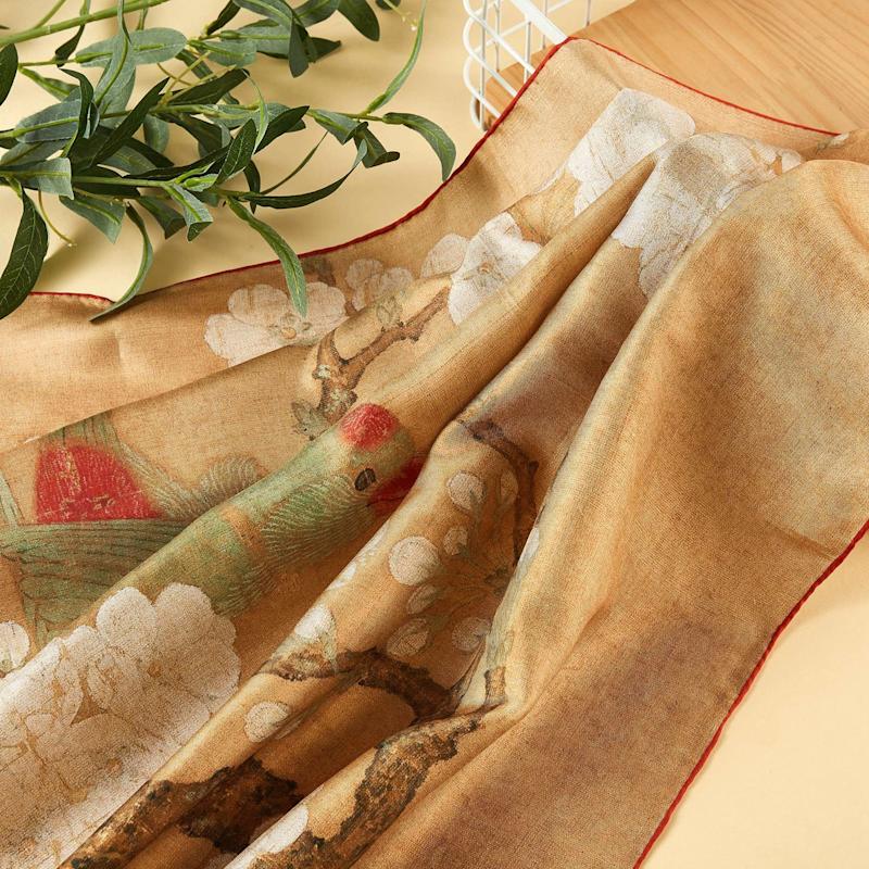 Pure Silk Scarf Painting Parrot And Insect Among Pear Blossoms | Soft ...
